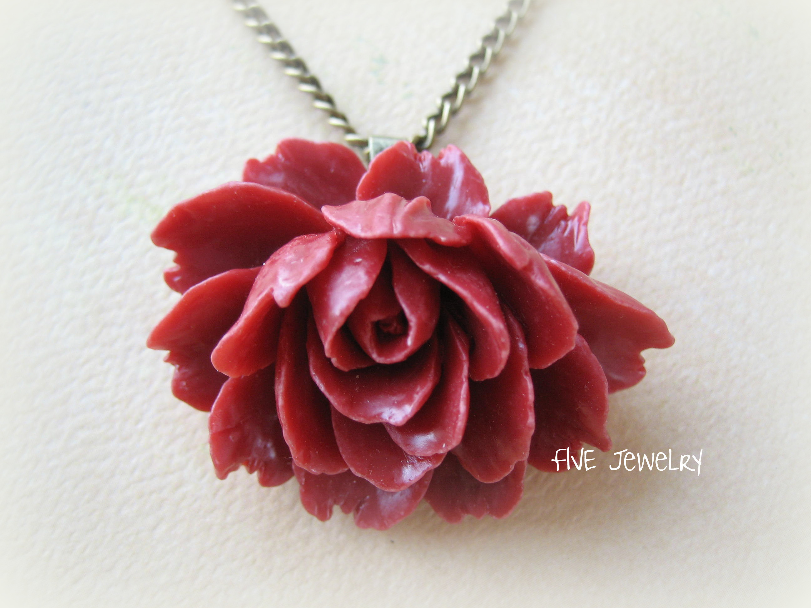 Red Ruffle Rose Cabochon Pendant On Antique Brass Chain Necklace ...